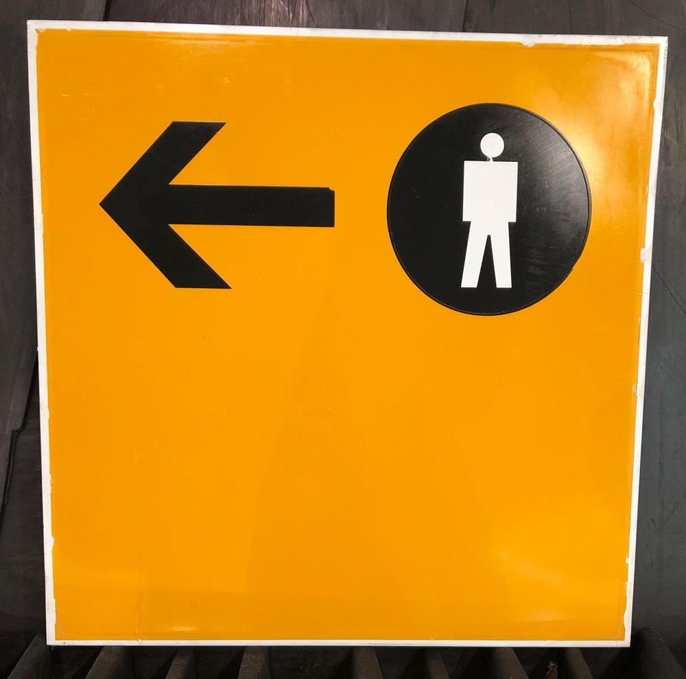Wall mounted male toilet sign with direction arrow, metal construction