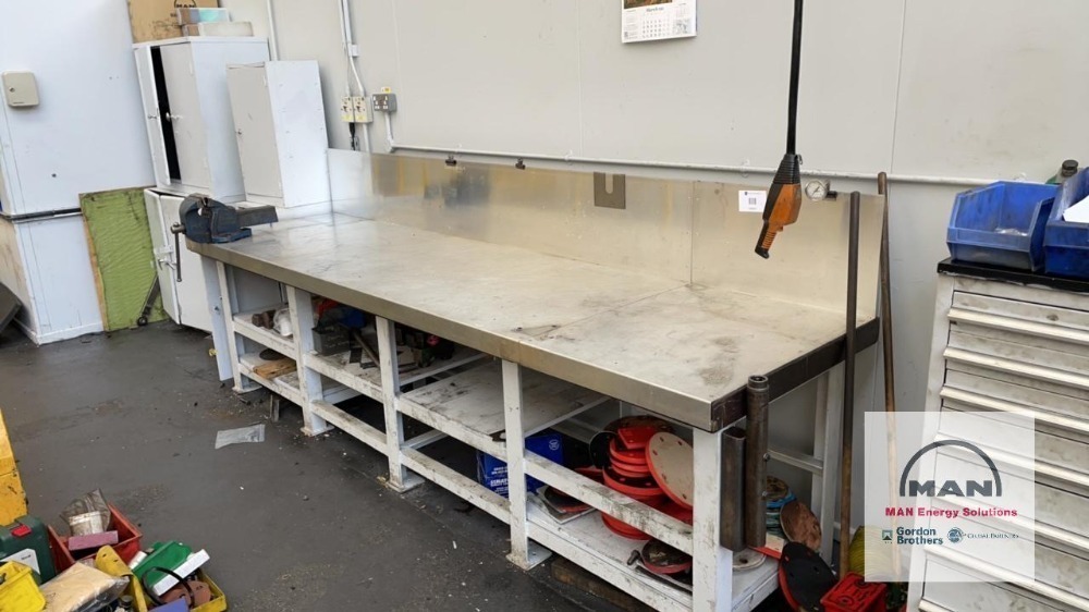 Large metal worktop bench with vice