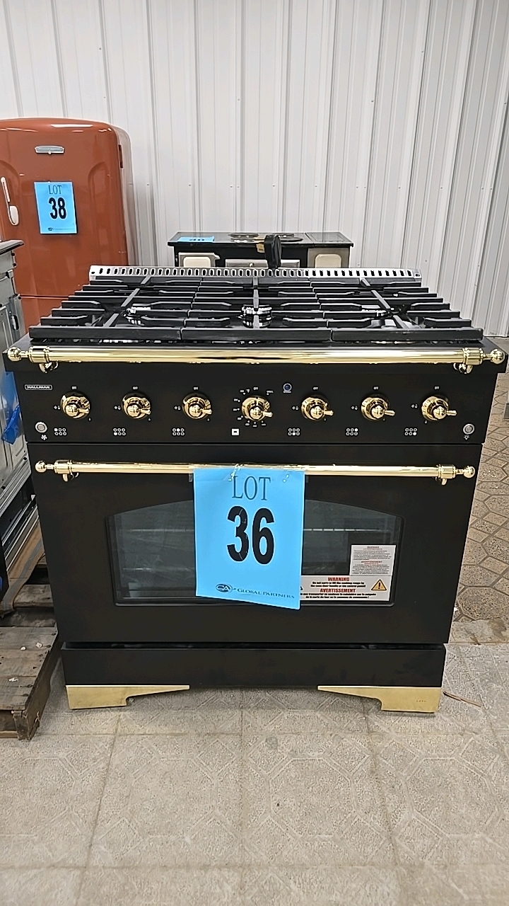 Hallman 36 Range in Black with Brass Trim, Floor Model