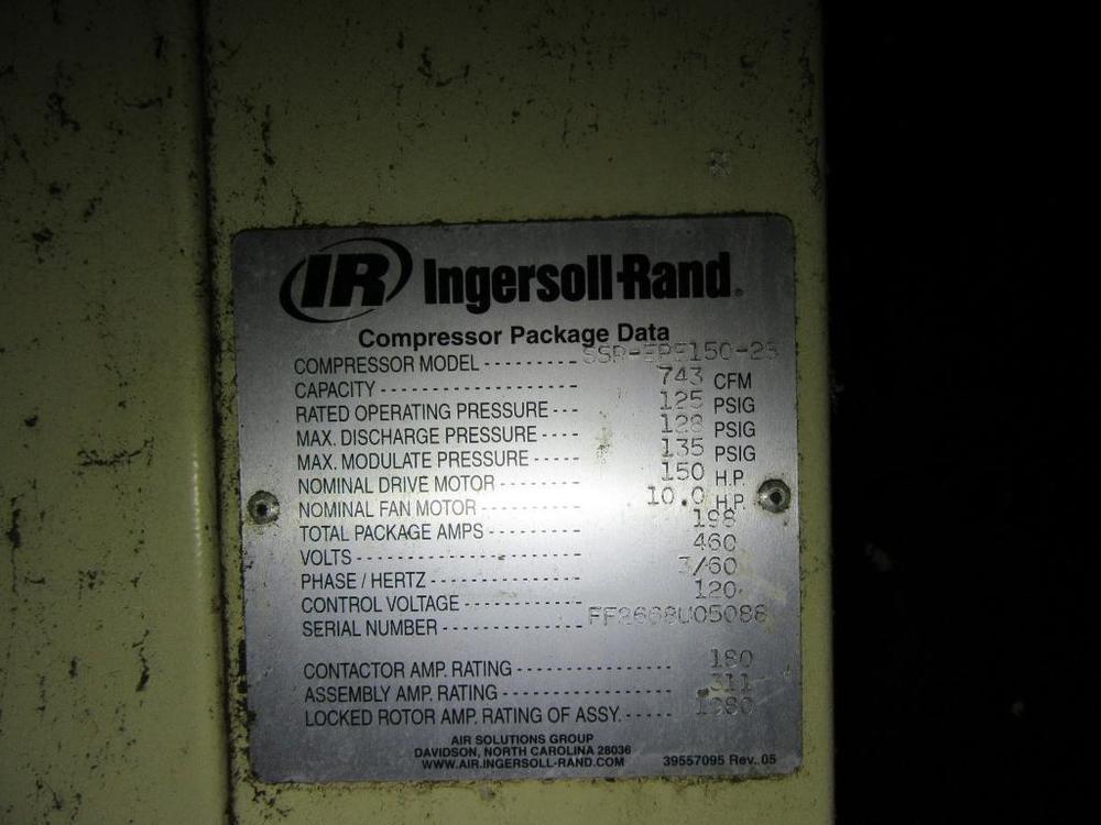 INGERSOLL-RAND SSR-EPE150-2S TOTARY SCREW AIR COMPRESSOR, 150 HP, S/N ...